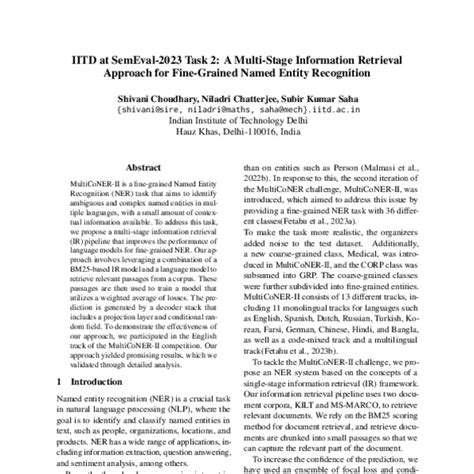 IITD At SemEval Task A Multi Stage Information Retrieval Approach For Fine Grained Named