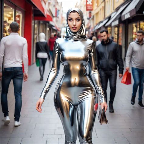 Skinny Slim Girl With Shiny Latex Hijab Wearing Skintight Ch By
