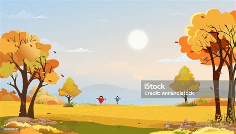 일몰 파란색과 분홍색 하늘을 배경으로 저녁 빛의 가을 시골 풍경 숲 나무와 일출잔디 필드와 시골에서 벡터 만화 가을 시즌 가을배경 배너 가을에 대한 스톡 벡터 아트 및 기타