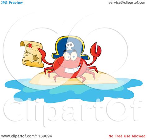 Cartoon Of A Happy Pirate Crab Holding A Treasure Map On An Island