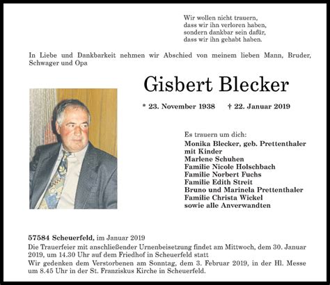 Traueranzeigen Von Gisbert Blecker Rz Trauer De