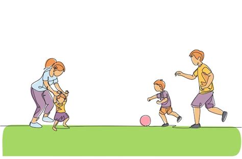 Un Dibujo De Línea Continua De Un Joven Padre Jugando Fútbol Con Su