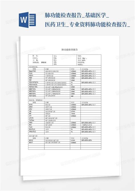 肺功能检查报告 基础医学 医药卫生 专业资料 肺功能检查报告 Word模板下载 编号lwavnzjg 熊猫办公