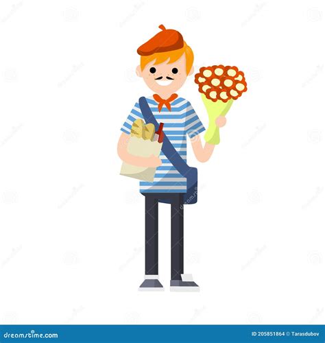 Frenchman In Beret Has Traditional Tasty French Breakfast Vector