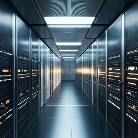 Server Room With Rows Of High Density Server Racks In A Modern Data Center Blue Lights