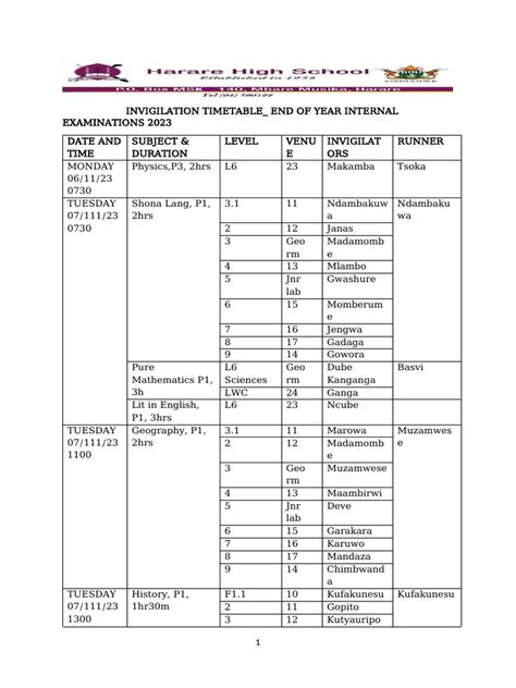 End Of Year Invigilation Timetable 2023 Print Pdf