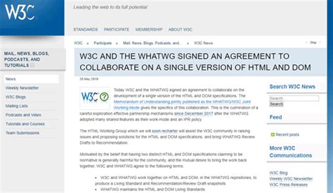 Html標準仕様の策定についてw3cとwhatwgが合意発表。今後はwhatwgのリビングスタンダードが唯一のhtml標準仕様に － Publickey
