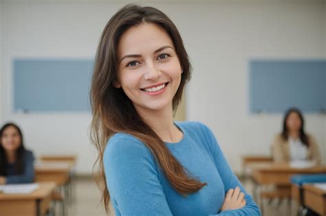 Premium Ai Image A Beautiful Smiling Female Teacher Wearing Blue Long