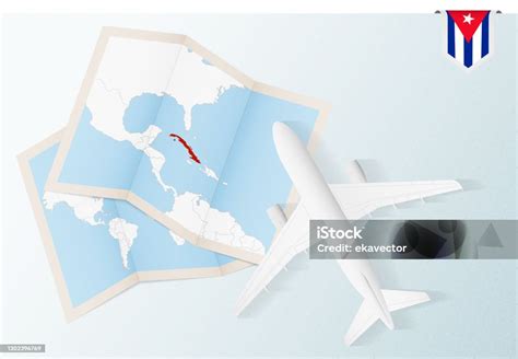 キューバへの旅行キューバの地図と旗とトップビュー飛行機 イラストレーションのベクターアート素材や画像を多数ご用意 イラストレーション