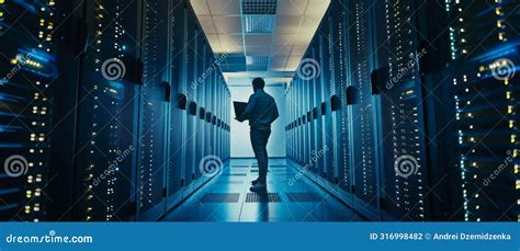 Working On A Laptop In A Big Data Center Full Of Rack Servers He Runs Diagnostics Performs