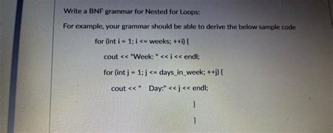 solved write a bnf grammar for nested for loops for