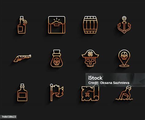 세트 라인 알코올 음료 럼주 해적 깃발 보물지도 메시지 물 동전 위치 해적 및 선장 아이콘이있는 병 벡터 가공의 인물에 대한 스톡 벡터 아트 및 기타 이미지 Istock