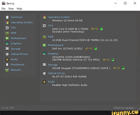 Summary Operating System Cpu Ram Motherboard Graphies Storage Optical