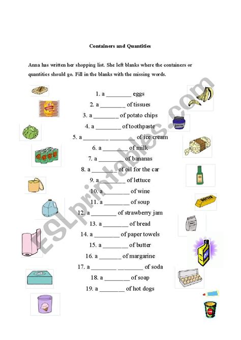 Containers And Quantities ESL Worksheet By Purple Wolfie