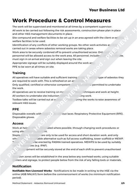 Asbestos Removal Unlicensed Method Statement Template HASpod