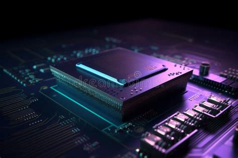 Highly Advanced Microchip Processor With A Series Of Blue And Purple Lights Illuminating Its