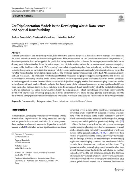 Car Trip Generation Models In The Developing World Data Issues And Spatial Transferability Pdf