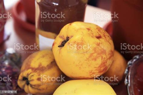 상자에 수집 된 수확 잘 익은 Quinces 퀸스 키도니아 오롱가 과일 배경입니다 Quinces는 코카서스에서 요리 주스 생산