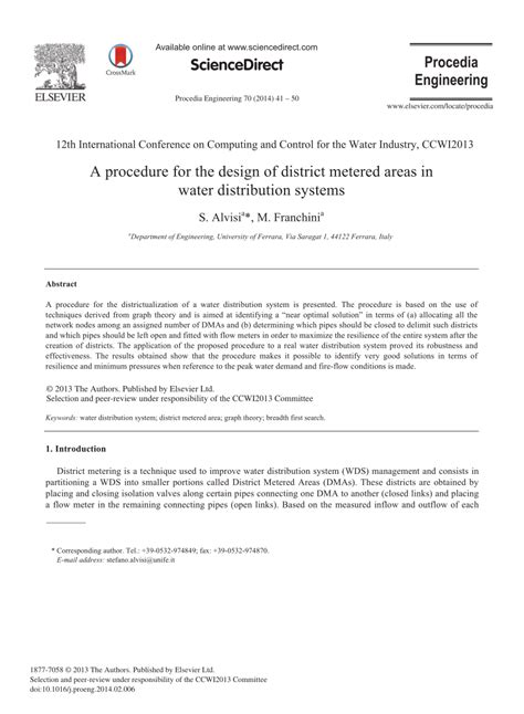 Pdf A Procedure For The Design Of District Metered Areas In Water