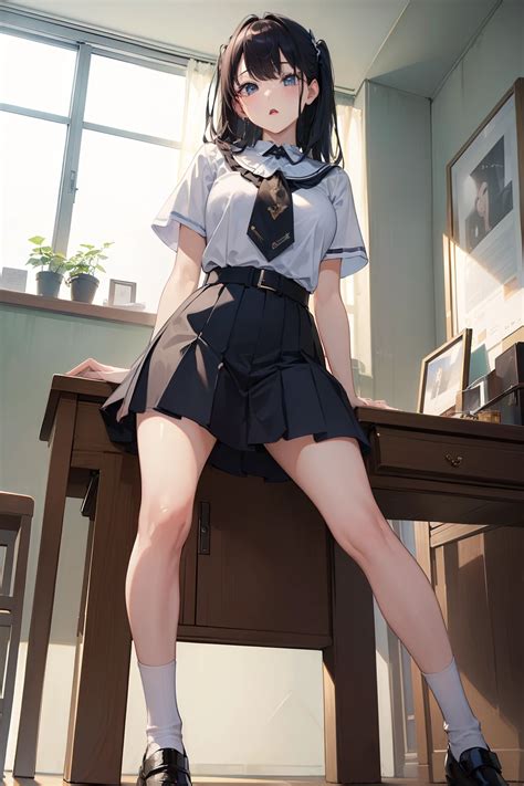 애니메이션 소녀가 교복을 입고 방 안의 책상에 포즈를 취하고 있습니다 Seaart Ai