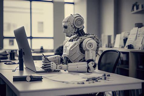 humanoid robot working in an office setting stock illustration