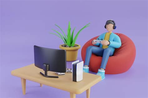 소파에서 게임을 하는 3d 남자 빨간 가방 안락의자에 있는 만화 캐릭터 남자는 비디오 게임을 합니다 비디오를 재생 프리미엄 사진