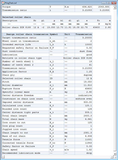Roller Chain Transmissions Calculation Results