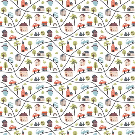 Cute City Map Seamless Pattern Cartoon Town Landscape Background