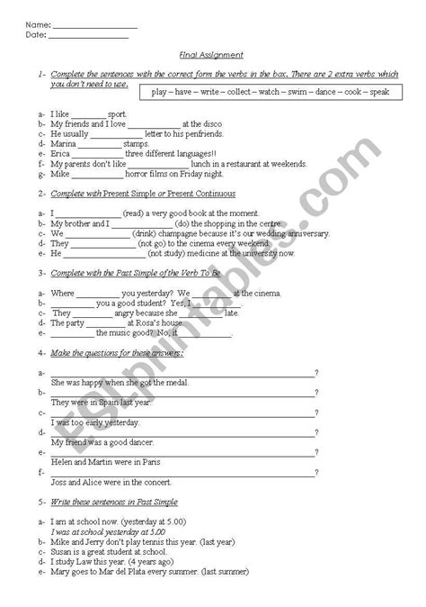 Assignment S Present S Past Present Continuous ESL Worksheet