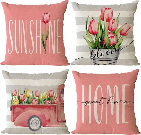 Set Of 4 Tulip Pillow Covers 18x18 Spring Summer Pillow Covers Pink