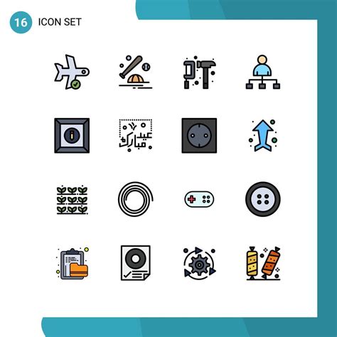 Flat Color Filled Line Pack Of 16 Universal Symbols Of Film User Cap Hammer Engineer Editable