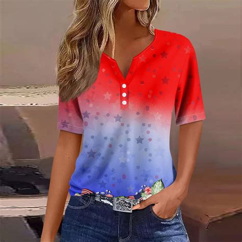 Qcmgmg American Flag Tees Stars Striped Patriotic Henley V Neck Tunic