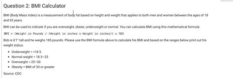 Solved Question BMI Calculator BMI Body Mass Index Is A Chegg Com