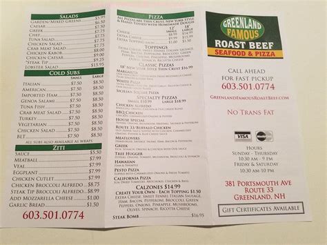 Menu At Greenland Famous Roast Beef Pizzeria Greenland