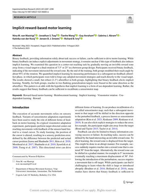 Pdf Implicit Reward Based Motor Learning
