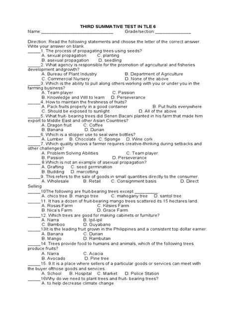 First Summative Test In Tle 6 Pdf Trees Foods