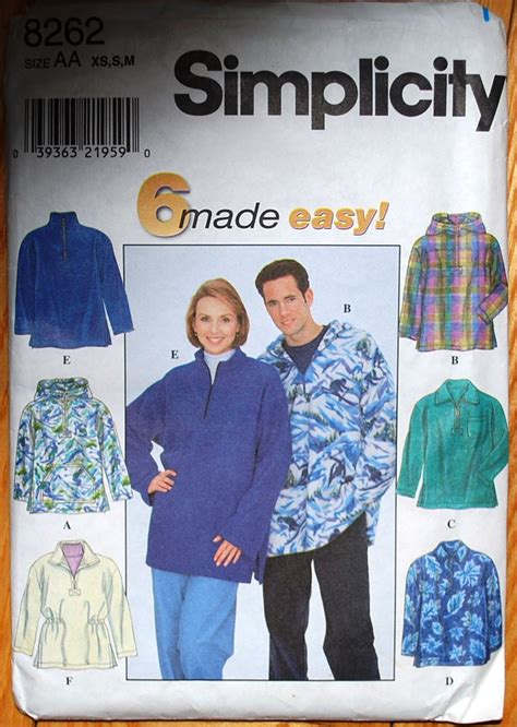 Simplicity 8262 Pattern For Fleece Tops Anorak Hooded Jacket Unisex