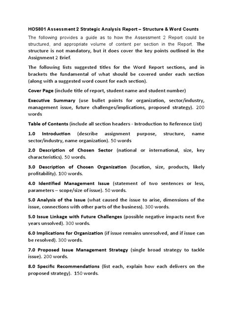 Hos801 Assessment 2 Strategic Analysis Report Structure Word Counts Pdf