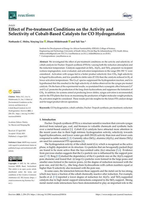Pdf Effect Of Pre Treatment Conditions On The Activity And Selectivity Of Cobalt Based