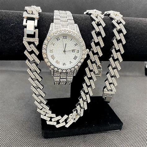 남성용 힙합 쥬얼리 아이스 아웃 시계 목걸이 팔찌 마이애마 쿠바 체인 초커 다이아몬드 골드 시계 세트 3 개 Aliexpress