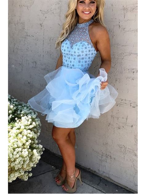 Sexy Homecoming Dress A Line Halter Rhinestone Light Sky Blue Short Pr