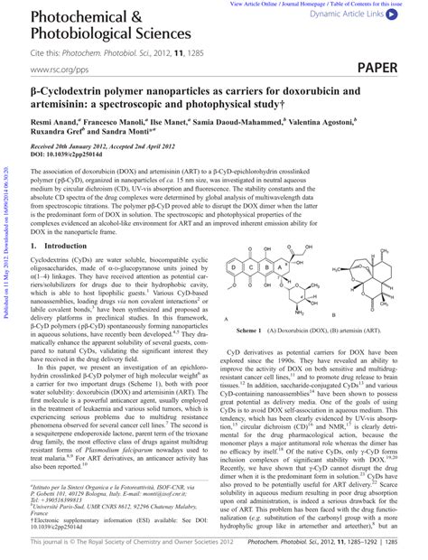 Pdf β Cyclodextrin Polymer Nanoparticles As Carriers For Doxorubicin