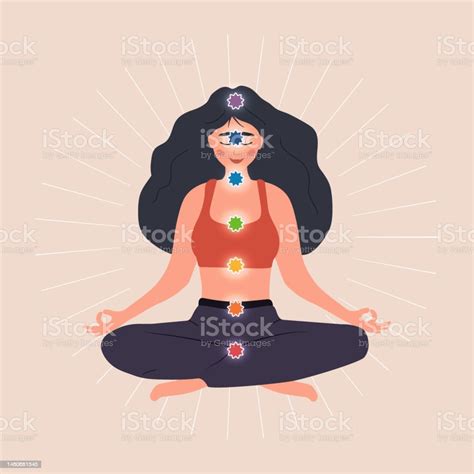 인체의 7 차크라 시스템 아유르베 다 불교 및 힌두교 대체 의학 기본 에너지 센터를 가진 명상 여성 건강 관리 개념입니다 인도