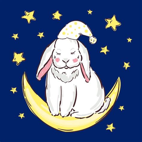 Ilustração vetorial de um coelhinho fofo dormindo em uma lua coelho de
