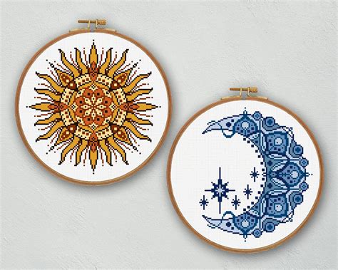 Set Of Moon And Sun Cross Stitch Pattern Sun And Moon Cross Stitch
