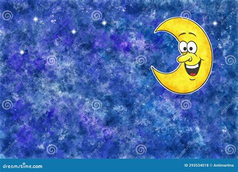 Illustration Of Laughing Cartoon Moon In Watercolor Night Sky Stock