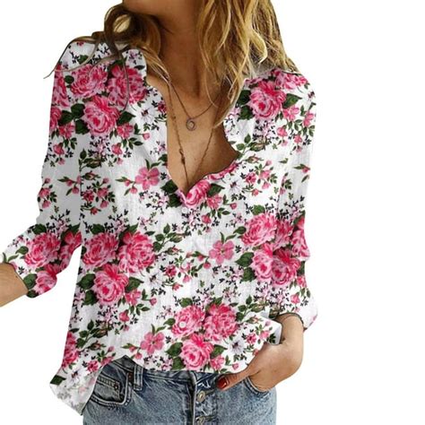 Azrian Plus Size Blouses Women Printed Cotton Long Sleeve Tank Career