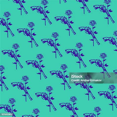 장미와 권총 패턴 그림을 컬러 직물 및 섬유 표지 및 포스터에 대 한 장식 빈티지 레트로 스타일입니다 그래픽 템플릿입니다 포장지에 대 한 그림 검은색에 대한 스톡 벡터 아트