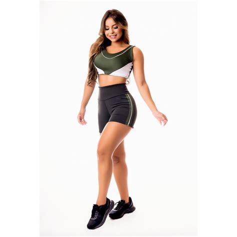Conjunto Fitness Feminino Short Preto Com Branco E Verde Militar