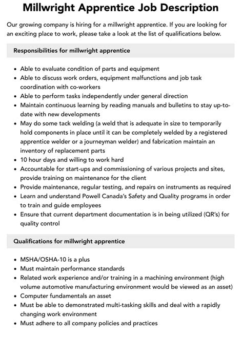 Millwright Apprentice Job Description Velvet Jobs